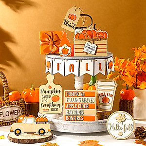 Umigy 14 Pcs Thanksgiving Tiered Tray Decorations Set Fall Pumpkin Farmhouse Table Decor Autumn Gnome Truck Wooden Sign Hello Fall Rustic Table Centerpieces Harvest Wood Blocks Signs for Home Decor
