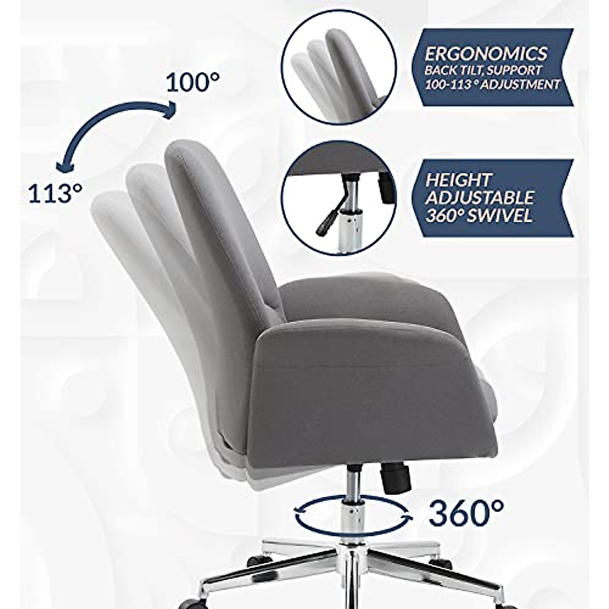 NOVIGO Upholstered Home Office Chair with Comfy Back Support for Conference Room Study Grey