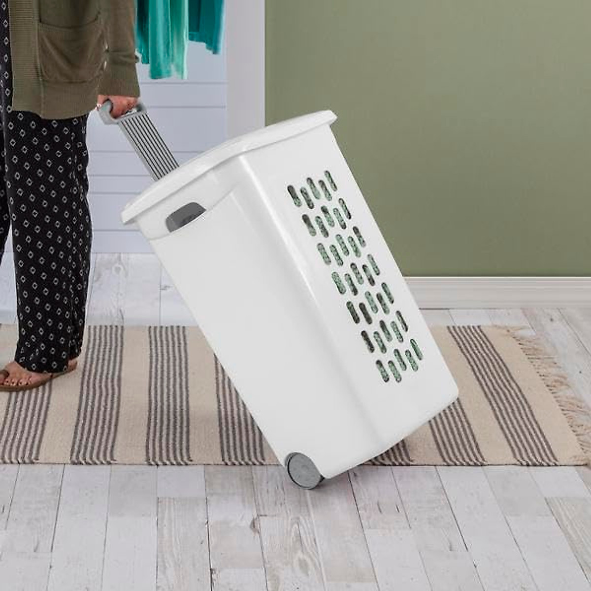 Wheeled Laundry Hamper White with Retractable Handle Large Portable Rolling Laundry Basket With Lid For Dirty Clothes - Made In USA
