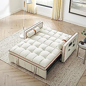 ERYE Modern Loveseat Convertible Sleeper Couch Bed, Upholstered Futon Sofabed for Living Room,2 Seater Comfy Love Seat Daybed Sofas, Beige Twin Velvet Tufted 2 Cylinder Pillows Multi-Pockets B