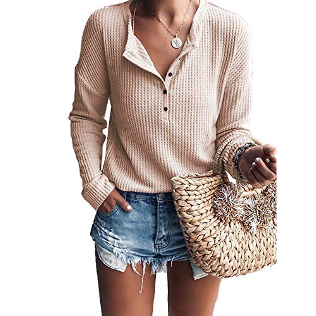 Famulily Women's Waffle Knit Tunic Tops Loose Long Sleeve Button Up V Neck Henley Shirts (Pink, XX-Large)