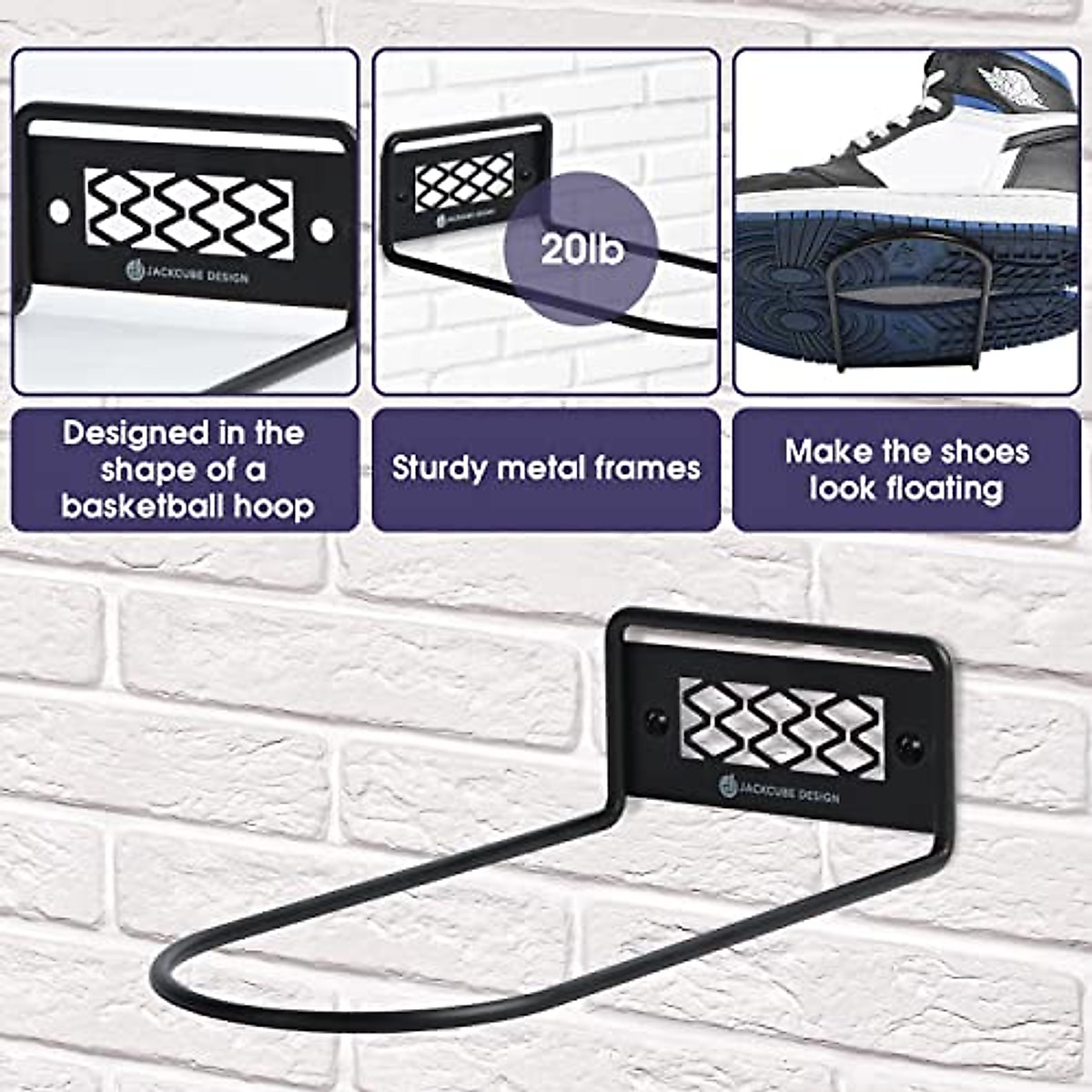 J JACKCUBE DESIGN Black Metal Floating Shoe Display Shelves for Wall Mount, Set of 6 Sneaker Showcase Organizer Rack Display -MK1068A