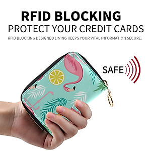 Seamless Pink Flamingos, Pineapples and Exotic Leaves on TurquoiseGrey Credit Card Coin wallet, RFID Blocking Compact Women Leather Card Holder, Key Change Organizer, Zipper Purse Clutch Pouch