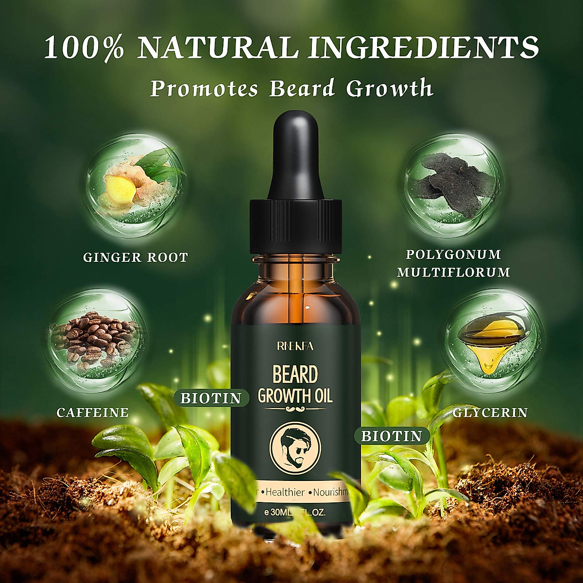RNEKFA Beard Growth Oil With Biotin Caffeine Natural Beard Growth Serum for Men Promote Hair Regrowth Full Longer Thick Masculine Facial Hair Treatment Care 30ml