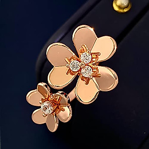u/b Glossy Thicken Double Clover Ring Women 18k Gold Plating Luxury Jewelry Shine Cubic Zirconia Adjustable Rings (Rose gold)