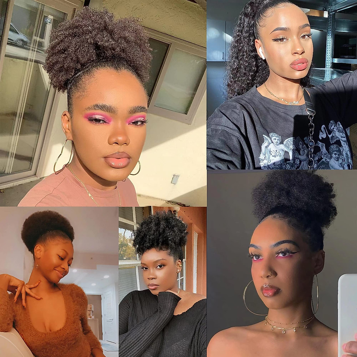 Afro Puff Drawstring Ponytail Bun For Black Women 150% Density 10A Brazilian Virgin Human Hair 4C Afro Kinky Curly Clip In Ponytail Extension Human Hair Pieces 120g Natural Color 10 Inch