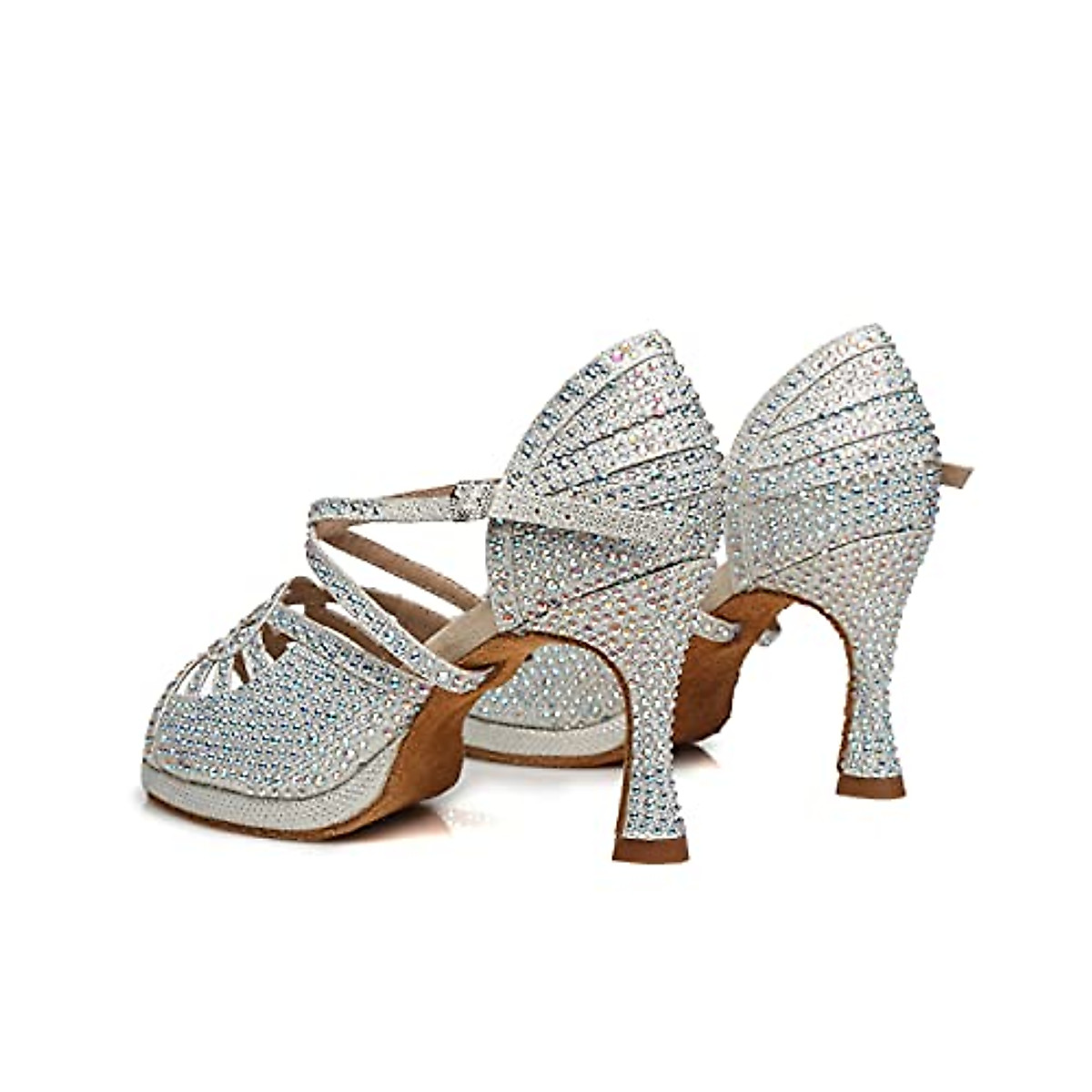 Minishion Women's Dance Heel Platform Toe Rhinestone Dancing Shoes L458 Silver US 4