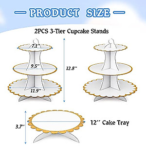 3 PCS Cardboard Cupcake Stand 2 Set of 3 Tier Cupcake Stand for 24 Cupcakes and 1 Large Cake Display Serving Tray Cupcake Tower Set for Wedding Baby Shower Birthday Party Decor, White