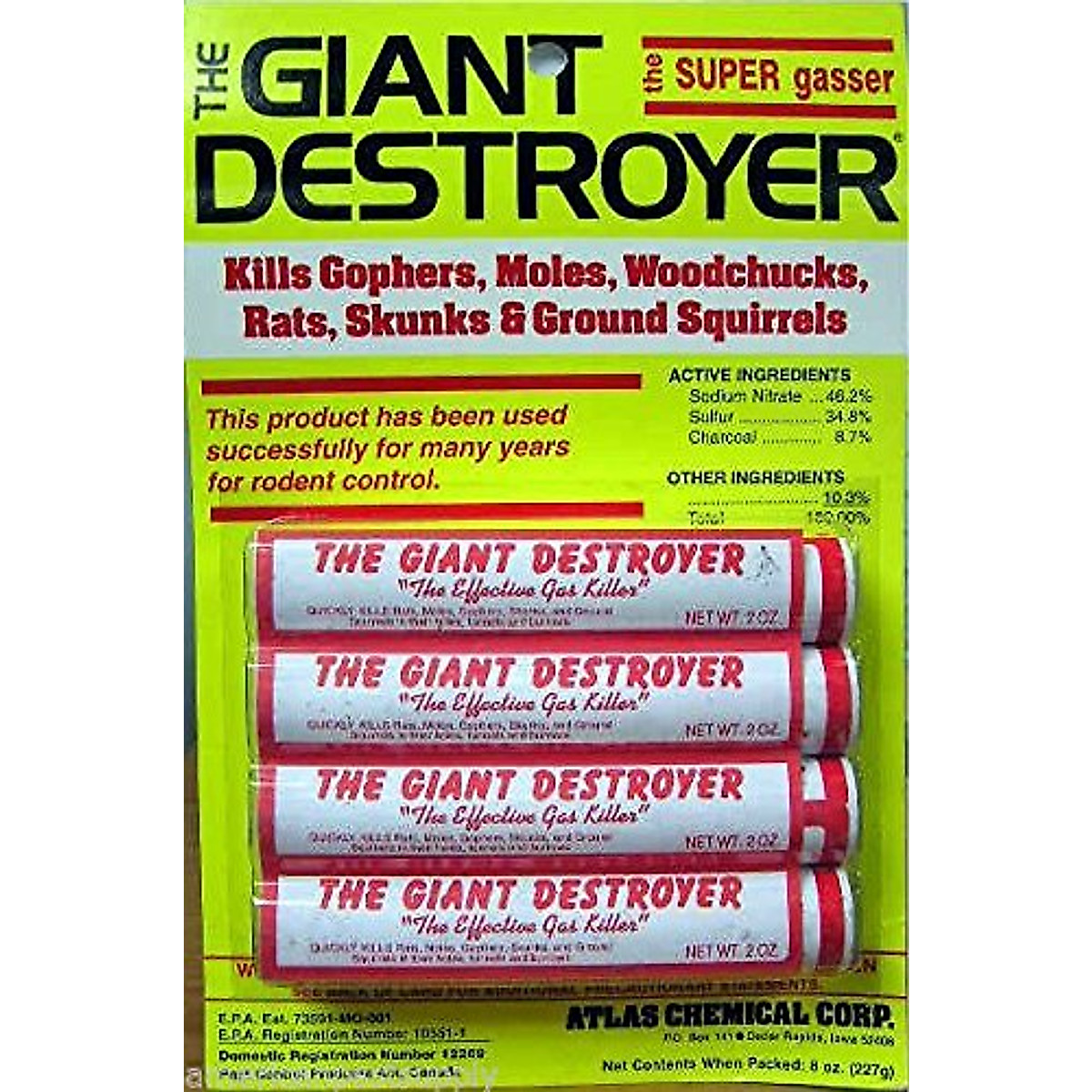 Atlas Giant Destroyer Smoke Bombs 12 Pack (48 Sticks) Kills Moles Gophers Skunks Rats Squirrels