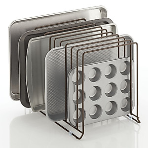 mDesign Metal Wire Organizer Rack for Kitchen Cabinet, Pantry, Shelves - Holder with 11 Slots for Skillets, Frying Pans, Lids, Cutting Boards, Vertical or Horizontal Placement - Extra Large - Bronze