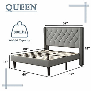 Feonase Upholstered Queen Bed Frame with Wingback, Platform Bed with Diamond Tufted Headboard, Heavy Duty Bed Frame, Wood Slat, Easy Assembly, Noise-Free, No Box Spring Needed, Light Gray