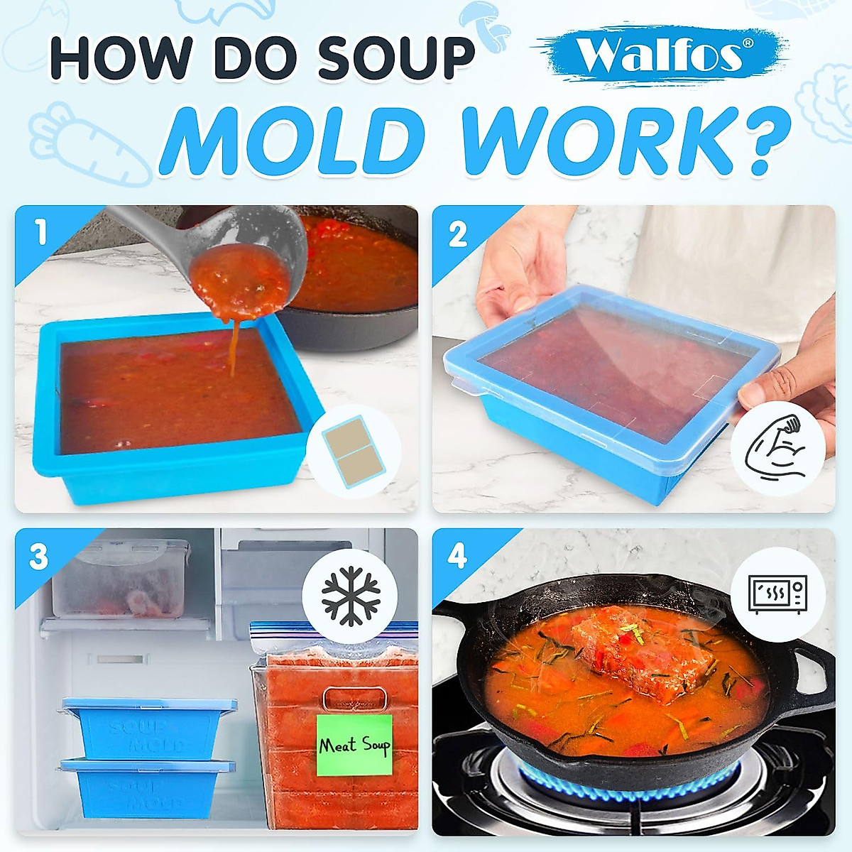 Walfos 2cup Silicone Freezing Tray with Lid - Easy Meal Prep Container and Kitchen Storage Solution, Make Perfect Freezing,Storing Soups, Foods, Stews, Dips or Sauces Simple and Convenient-4-PACK BLUE
