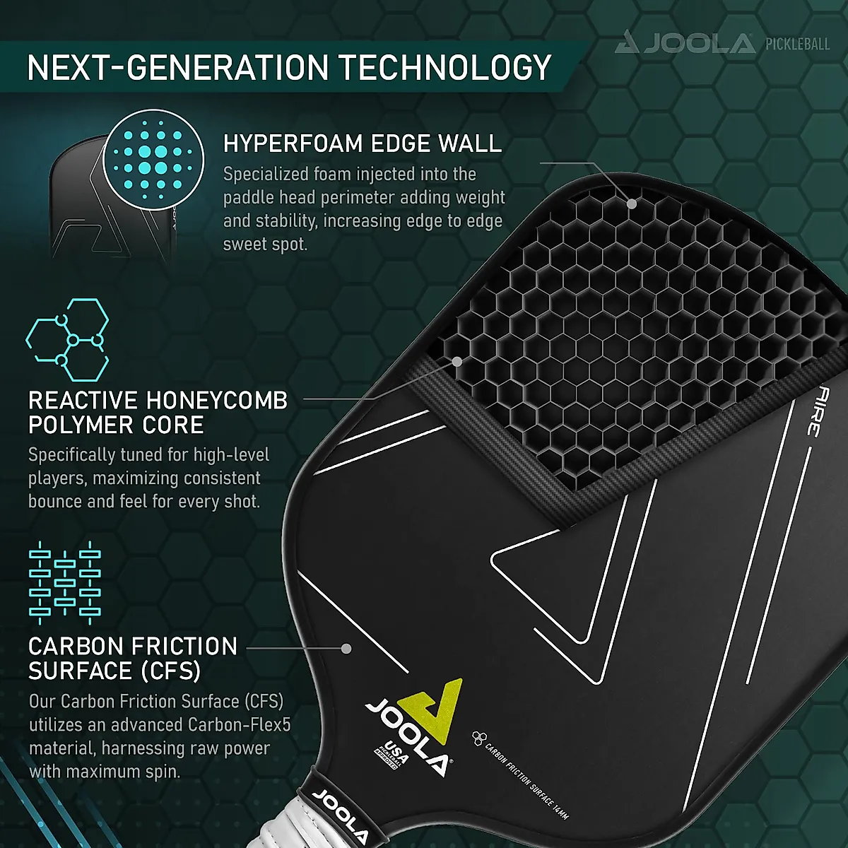 JOOLA Solaire Professional Pickleball Paddle with Carbon Friction Surface - Ideal Spin, Power, & Control - Racket with Reactive Polypropylene Honeycomb 14mm Core - Paddle Cover Included