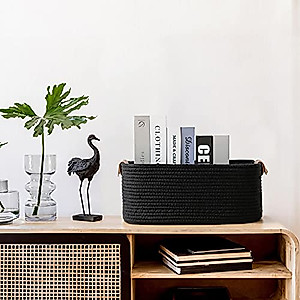 CHICVITA Rectangle Cotton Rope Woven Basket with Handles for Books, Magazines, Toys - Decorative Rectangle Basket for Baby Nursery, Living Room, Bathroom, Black