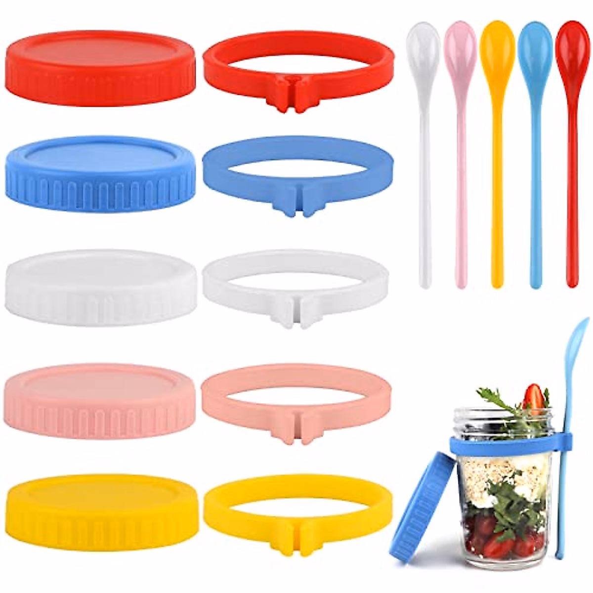 KITANIS Mason Jar Lids Wide Mouth,5 Pack Plastic Overnight Oats Jar Lids with Spoon and Holder, 3.4 inch Drinking Lids for Milk,Cereal,Fruit(Jars not Included)