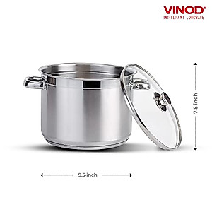 Vinod 6 Liters/6.3 Quartz Stockpot Stainless Steel With Tempered Glass Lids | Dishwasher Safe | Large Cooking Pot For Indian Food, Soup, Stew | Induction-Ready | 22cm | Food Grade Stainless Steel