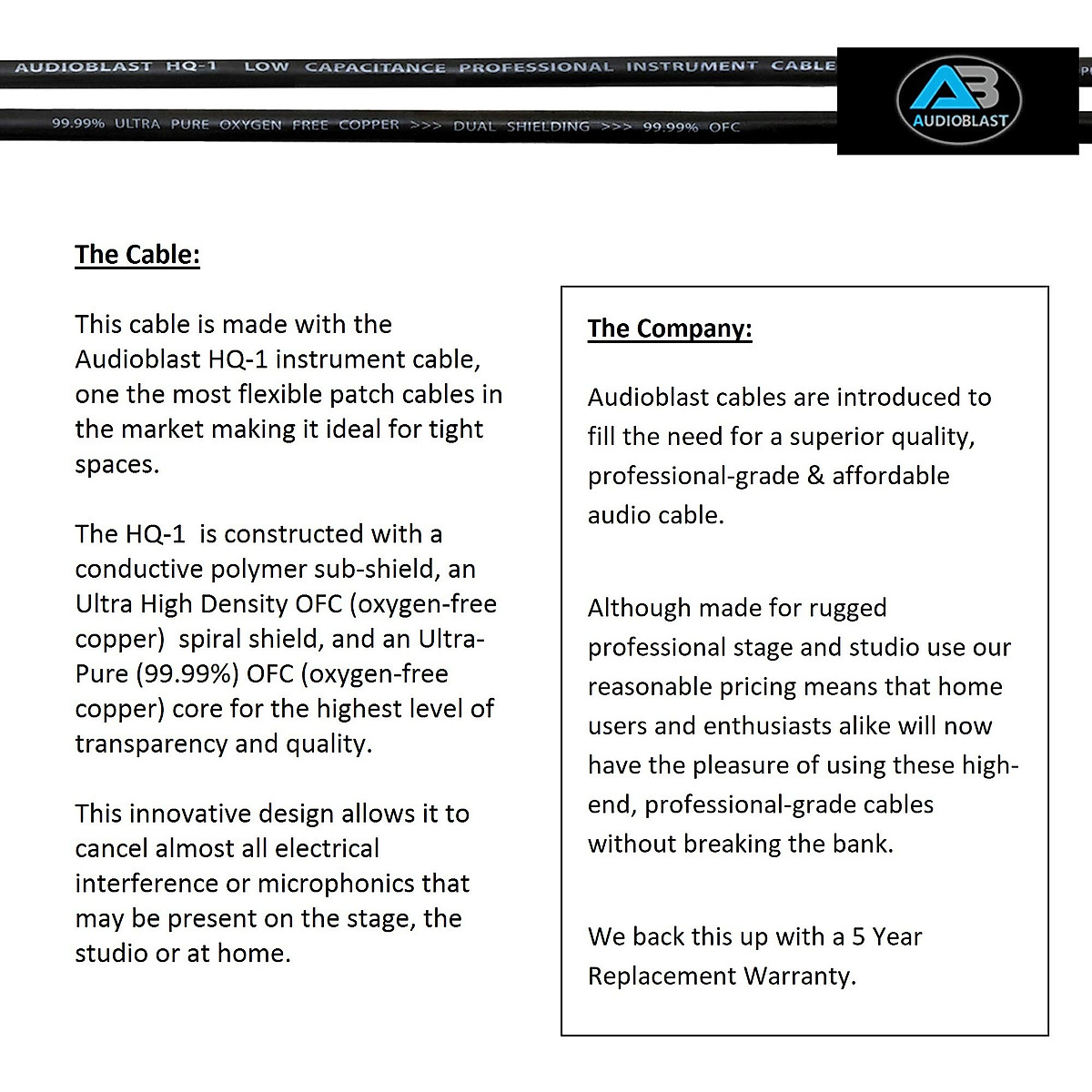 Audioblast - 2 Units - 5 Foot - HQ-1 - Ultra Flexible - Dual Shielded (100%) - Guitar Instrument Effects Pedal Patch Cable w/Eminence Right-Angled ¼ inch (6.35mm) TS Plugs & Double Staggered Boots
