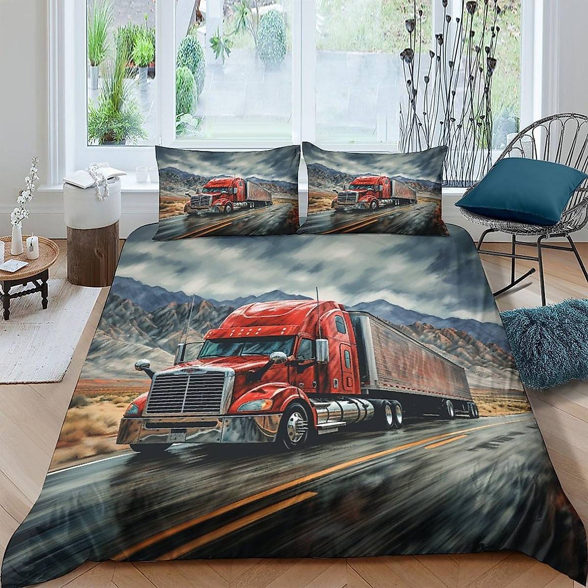 AAHARYA Red Semi-Trailer Quilt Cover 3D Printed Big Truck Bedding Set Comforter Covers Duvet Cover 3 Pieces with Pillowcases for Childrens and Adults Microfiber with Zipper Closure Twin（173x218cm）