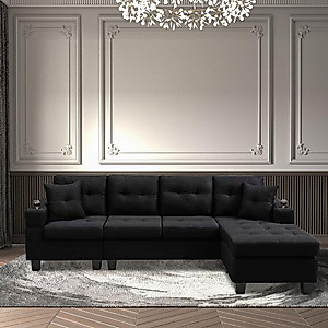 96" Sectional Sofa L-Shaped Couch with Chaise Lounge, Modern Corner Sofa Couch with Cup Holder and Pillows, 4-seat Sectional Sofa Cloud Couches for Living Room Apartment Office, Black