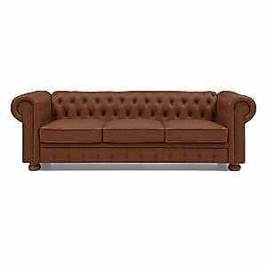 FIQHOME Classic Chesterfield, Modern 3 Seater Sofa, Living Room, Upholstered Tufted Back Settee Couch with Rolled Arms Nailhead Trim,Brown Faux Leather