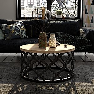 COZAYH Rustic Farmhouse Coffee Table, Distressed Wood Top Table with Curved Motif Frame Base for Modern, French Country Decor, Round, Black