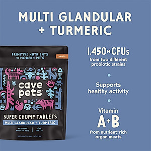Cave Pets, Super Chomp Tablets, Dog Probiotic Supplement for Digestive Health and Microbiome Support, Multi-Glandular & Turmeric, 60 Tablets