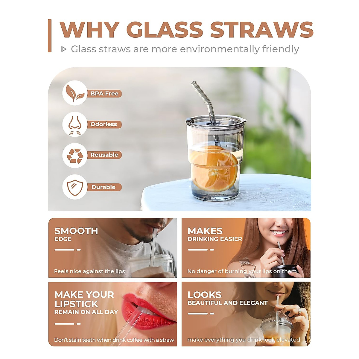 Foogwee® 20 Packs Reusable Glass Straws Set, 8.5'' x 10mm Clear Drinking Straws for Smoothies, Shakes, Coffee, Juice, Sodas, Milk, Tea, Cocktails, Set of 8 Straight and 8 Bent with 4 Cleaning Brushes