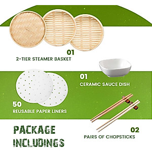 Bamboo Steamer Basket 10 Inch, Steamer for Cooking Rice, Vegetables, Meat, Fish and Chinese Asian Cuisine | 2 -Tier Dumpling Steamer, Dim Sum & Bao Bun Steamer with Chopsticks, 50 liners & Sauce Dish