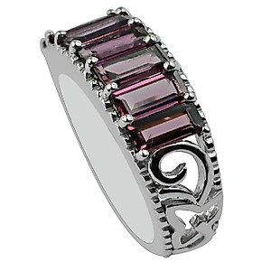Carillon Stunning Rhodolite Garnet Baguette Shape 6x3MM Natural Earth Mined Gemstone 925 Sterling Silver Ring Wedding Jewelry for Women & Men