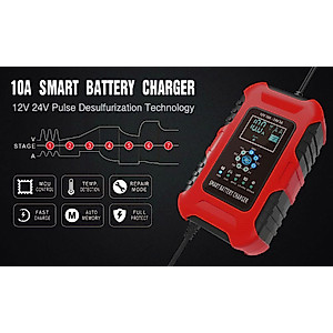 Foxsur 10-Amp 7-Stage Car Battery Charger for Wet/GEL/SLA/LiFePO4/Lead-Acid/AGM Batteries, 12V/ 24V Smart Battery Charger/Maintainer, for ATVs/Golf Cart/Motorcycle/Automobile/Marine etc Quick Charger