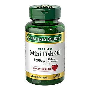 Nature’s Bounty Mini Fish Oil Softgels 1290 mg, Omega-3, Supports Heart Health, Odor-Less, 90 Mini Coated Softgels