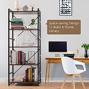 Haton Bookshelf, 5 Tier Industrial Rustic Wood Bookcase, Modern Standing Metal Frame Book Shelf for Living Room, Bedroom and Office, 5-Shelf, Brown/Black