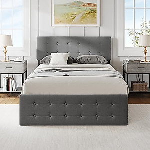 GAOMON Queen Bed Frame with Storage, Grey Bed Frame Queen Size with 4 Drawers and Headboard, Platform Bed Frame with Large Storage, No Box Spring Needed, Noise-Free, Easy Assembly