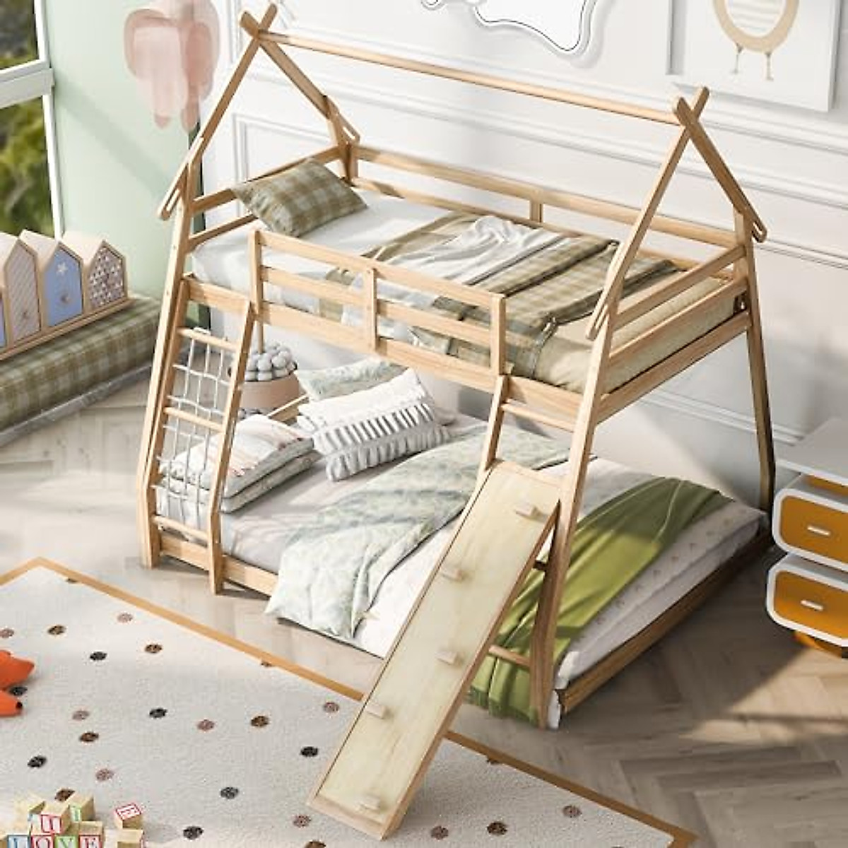 RORIGAT Twin Over Queen House Bunk Bed with Climbing Nets and Climbing Ramp, Wooden Low BunkBed Frame for Kids Boys Girls Bedroom,Natural