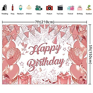 Wollmix Rose Gold Happy Birthday Decorations for Women Banner Backdrop 7x5ft Party Sweet 16 Girls Balloons Glitter Dots Photography Background Supplies Photo Booth Studio Cake Table
