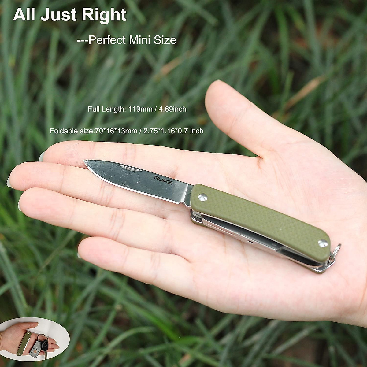 Ruike Keychain Small Pocket Knife,Folding 6 in 1 Multitool,12C27 Steel Stainless,G10 Handle,Mini EDC Tactical Camping Army Tac Survival Hunting Gear,Key Compact Scissors,Screwdriver,Bottle Opener Tool