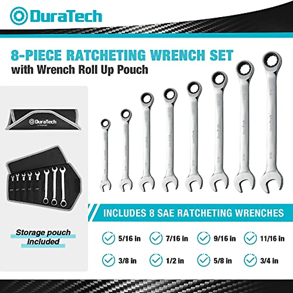 DURATECH Ratcheting Wrench Set, Combination Wrench Set, SAE, 8-piece, 5/16" to 3/4", CR-V Steel, with Pouch
