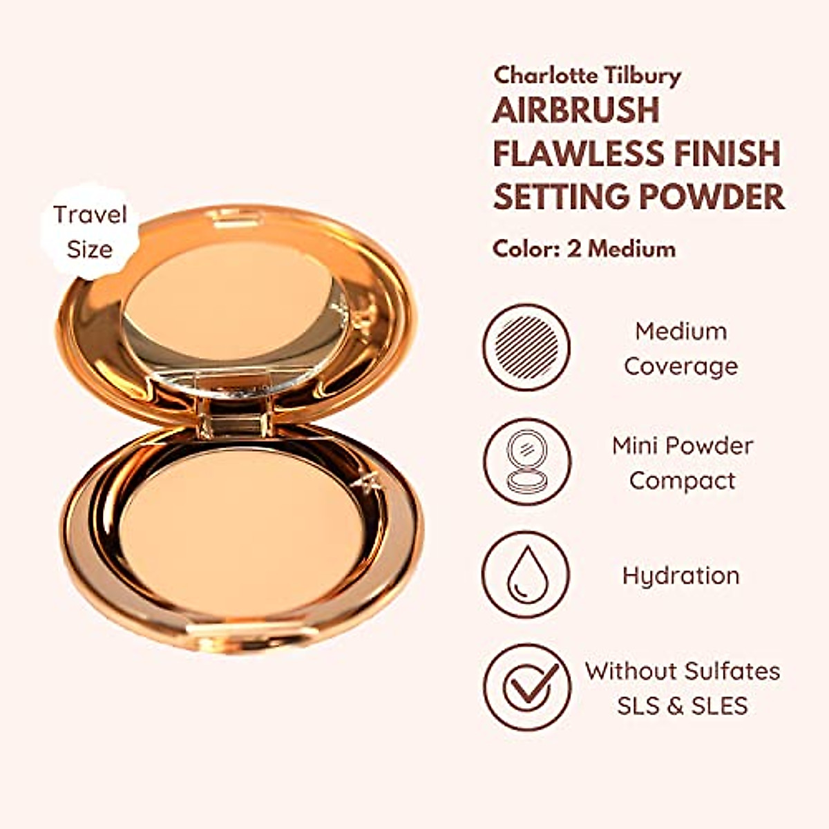 Charlotte Tilbury Mini Airbrush Flawless Finish Setting Pressed Compact Makeup Face Powder for Women - 2 Medium