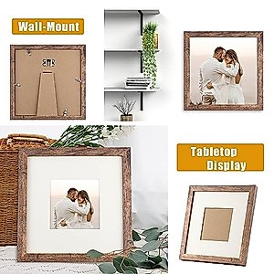 AVEAX 8x8 Picture Frames Display Pictures 4x4 with Mat or 8x8 Without Mat, Set of 4 Square Photo Frame for Wall or Tabletop Brown