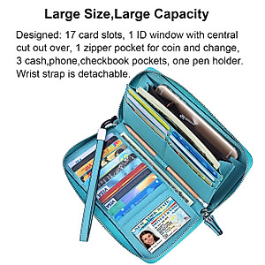 Lavemi Women's RFID Blocking 100% Leather Large Capacity Zip Around Wallet Phone Holder Clutch Travel Purse Wristlet(Large Size Pebbled Tiffany Blue)