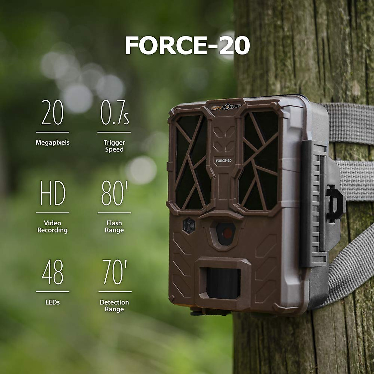 SPYPOINT FORCE-20 Trail Camera 20MP HD Video w/ 48x High Power LEDs & Infrared Boost Tech for GREAT NIGHT IMAGE, 80' Flash Range, Low Glow Backlit Setup LCD Screen