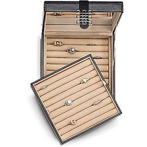 Glenor Co Ring Organizer Box - 108 Slot Classic Jewelry Display Holder - 2 Storage Trays with Modern Buckle Closure, Large Mirror - Holds Rings and Cufflinks - PU Leather Case - Black