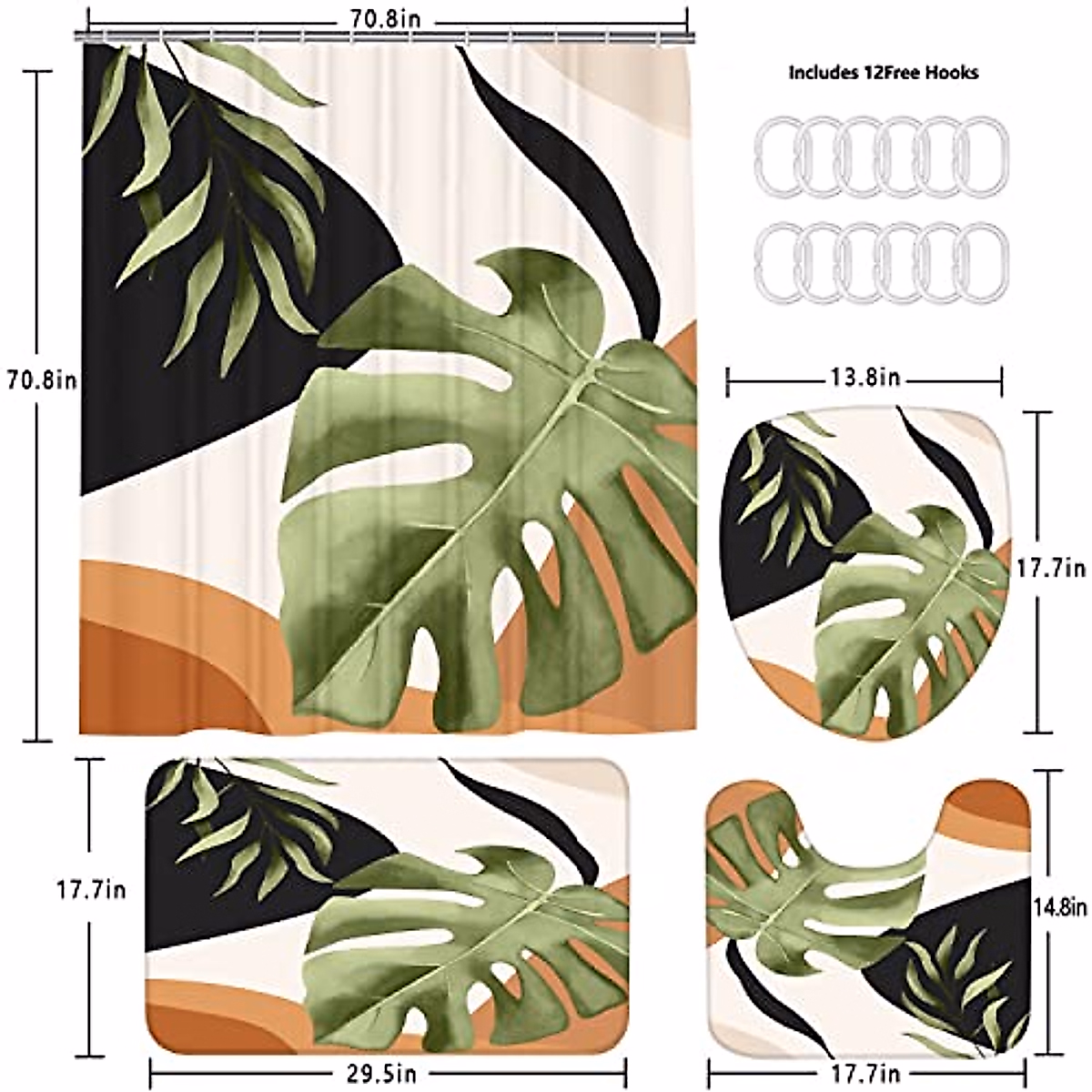FZDHHY Abstract Tropical Shower Curtain Set Palm Leaf Botanical Bathroom Curtain Set Waterproof Bathtub Curtain with Bathroom Carpet Bath Mat Toilet Rugs