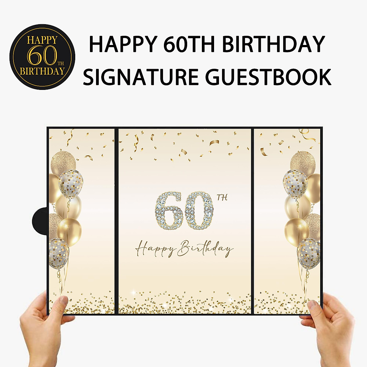 DARUNAXY Black Gold 60th Birthday Party Decorations, Happy 60th Birthday Alternative Signature Guest Book for Men Women Cheers to 60 Years Old Gifts 60 Birthday Signing Card Board Party Supplies