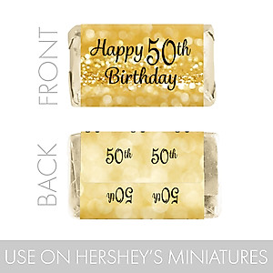 DISTINCTIVS Black and Gold 50th Birthday Party Mini Candy Bar Wrappers - 45 Stickers