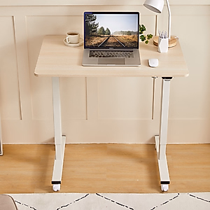 Okin Small Rolling Standing Desk, 36" x 24" One Piece Top Height Adjustable Desk, Electric Stand Up Desk with 4 Caster Wheels, Mobile Sit to Stand Workstation, Light Oak Table Top, White Frame