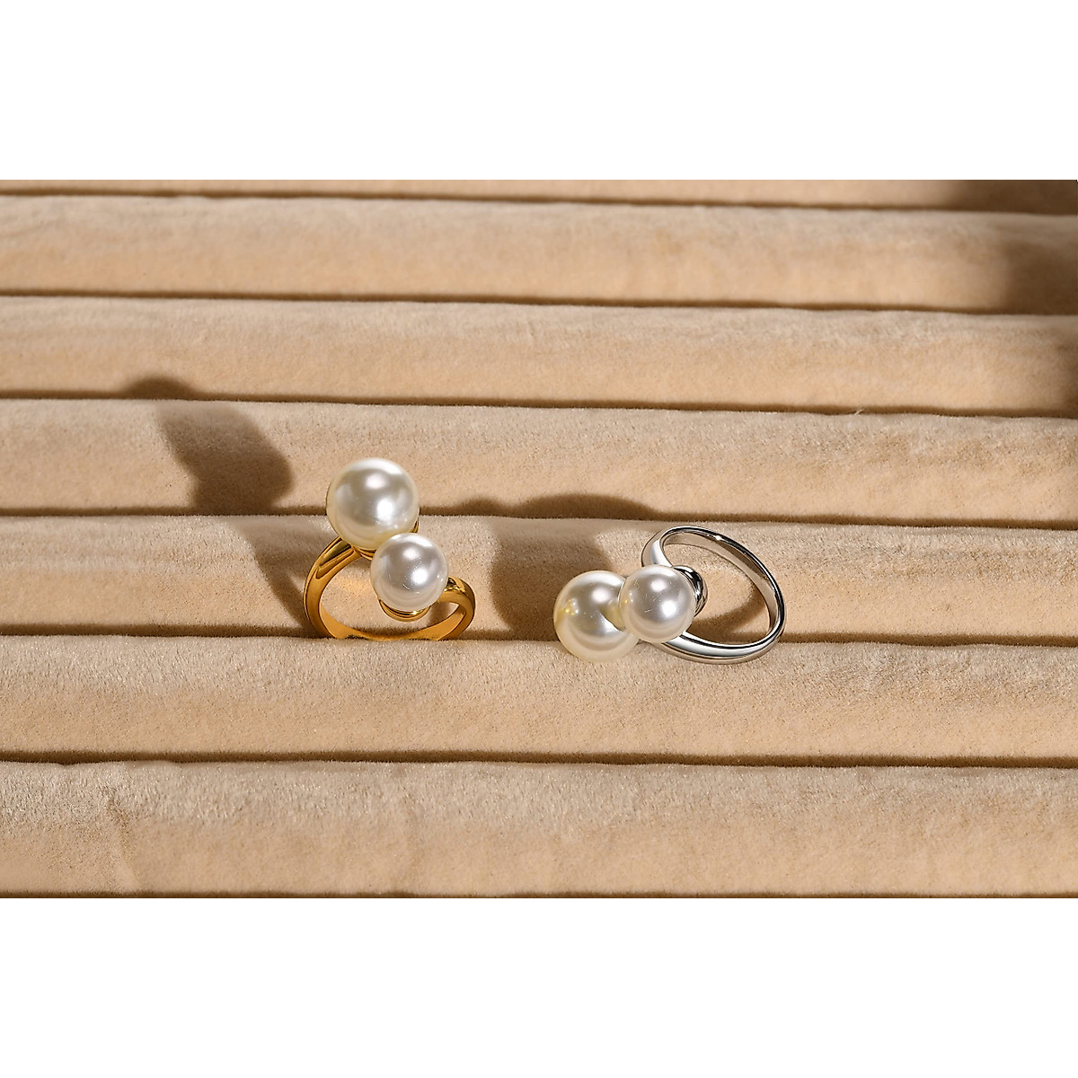 Double Simulated Pearl Wrap Ring: Gold Plated Stainless Steel Large Statement Ring for Women, Size 7