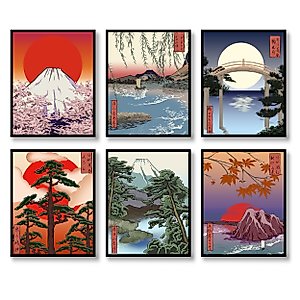 Japanese Wall Art Prints Set of 6 Japan Landscape Posters Vintage Wall Decor Ukiyoe Paintings Aesthetic Scenery Retro Abstract Photo Mount Fuji Picture Canvas Art Painting for Living Room Bedroom Wall