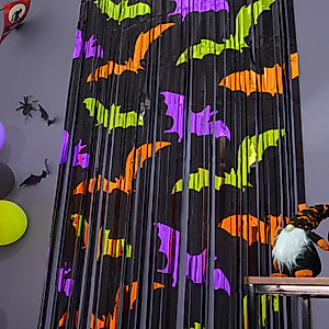 Mega-L Halloween Party Decorations 2 Pack Green Orange Purple Bat Pattern Photo Booth Props, 3.3 X 6.6 ft Halloween Foil Fringe Curtains, Halloween Photo Backdrop Streamers Halloween Party Supplies