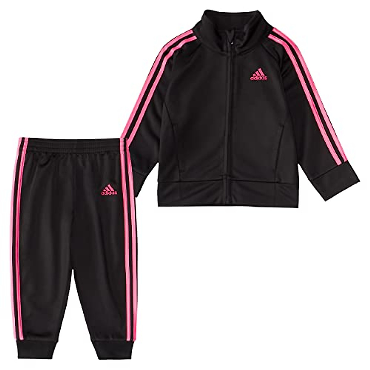 adidas Girls Zip Front Classic Tricot Jacket and Joggers Set, Black with Pink, 24 Months